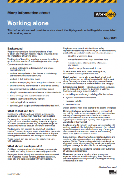 NRSPP Australia - Working Alone - Fact Sheet