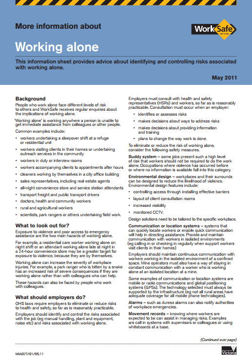 NRSPP Australia - Working Alone - Fact Sheet