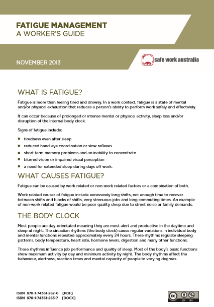 NRSPP Australia - Fatigue management - a worker's guide