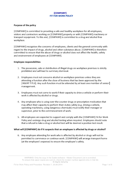 NRSPP Australia - Fit for Work Policy