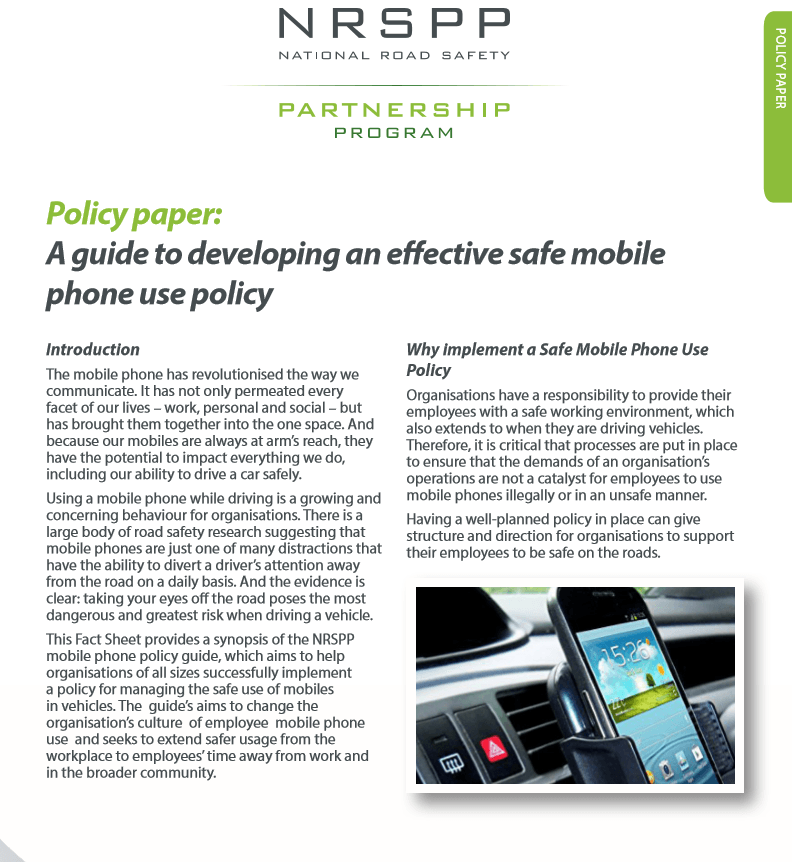 NRSPP Australia - NRSPP Policy paper summary: A guide to developing an effective safe mobile ...