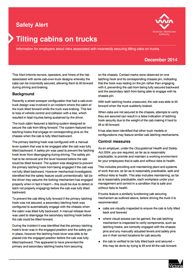 NRSPP Australia - Safety Alert: Tilting Cabins on Trucks