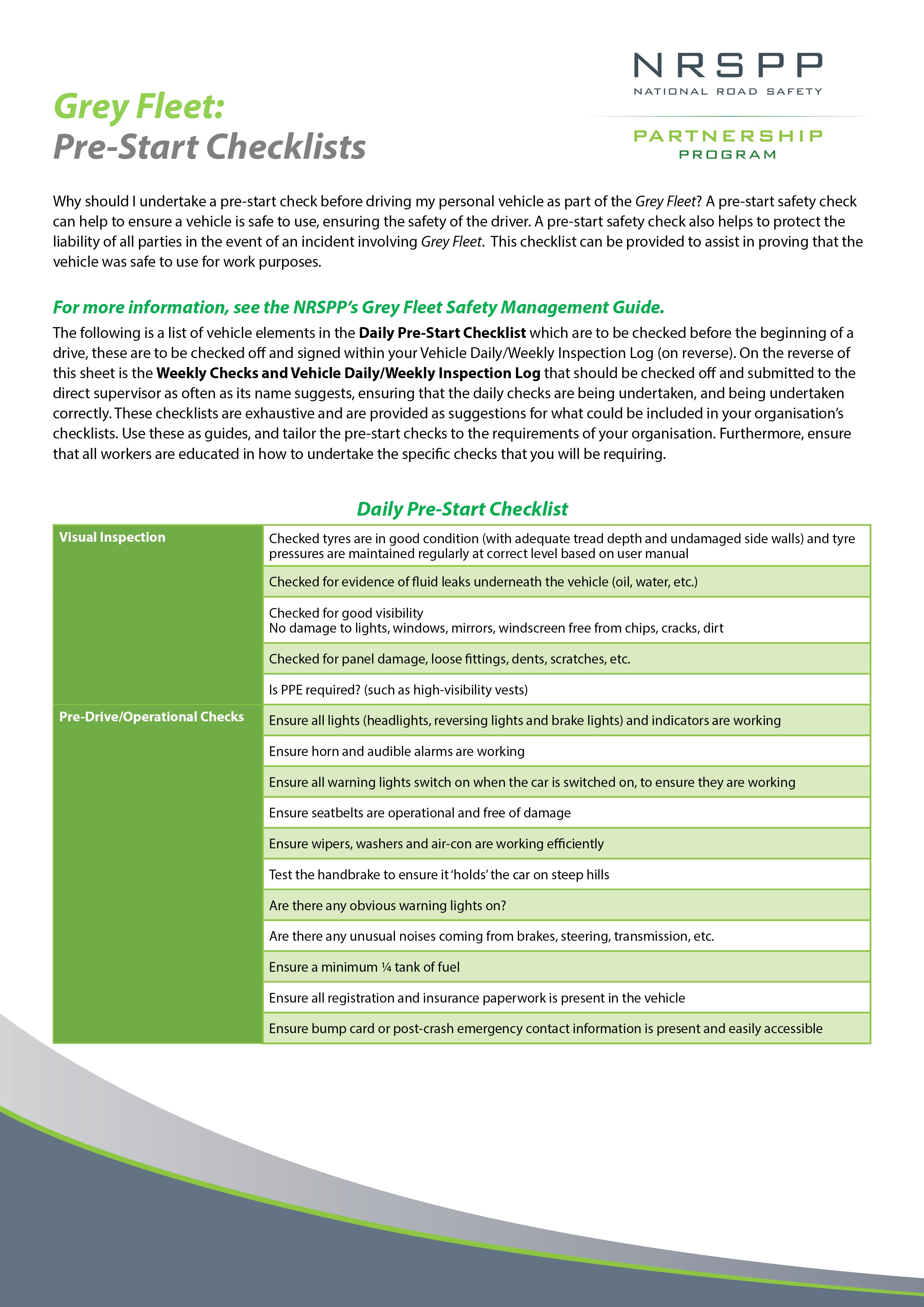 NRSPP Australia - Grey Fleet Guide: Pre-Start Checklists
