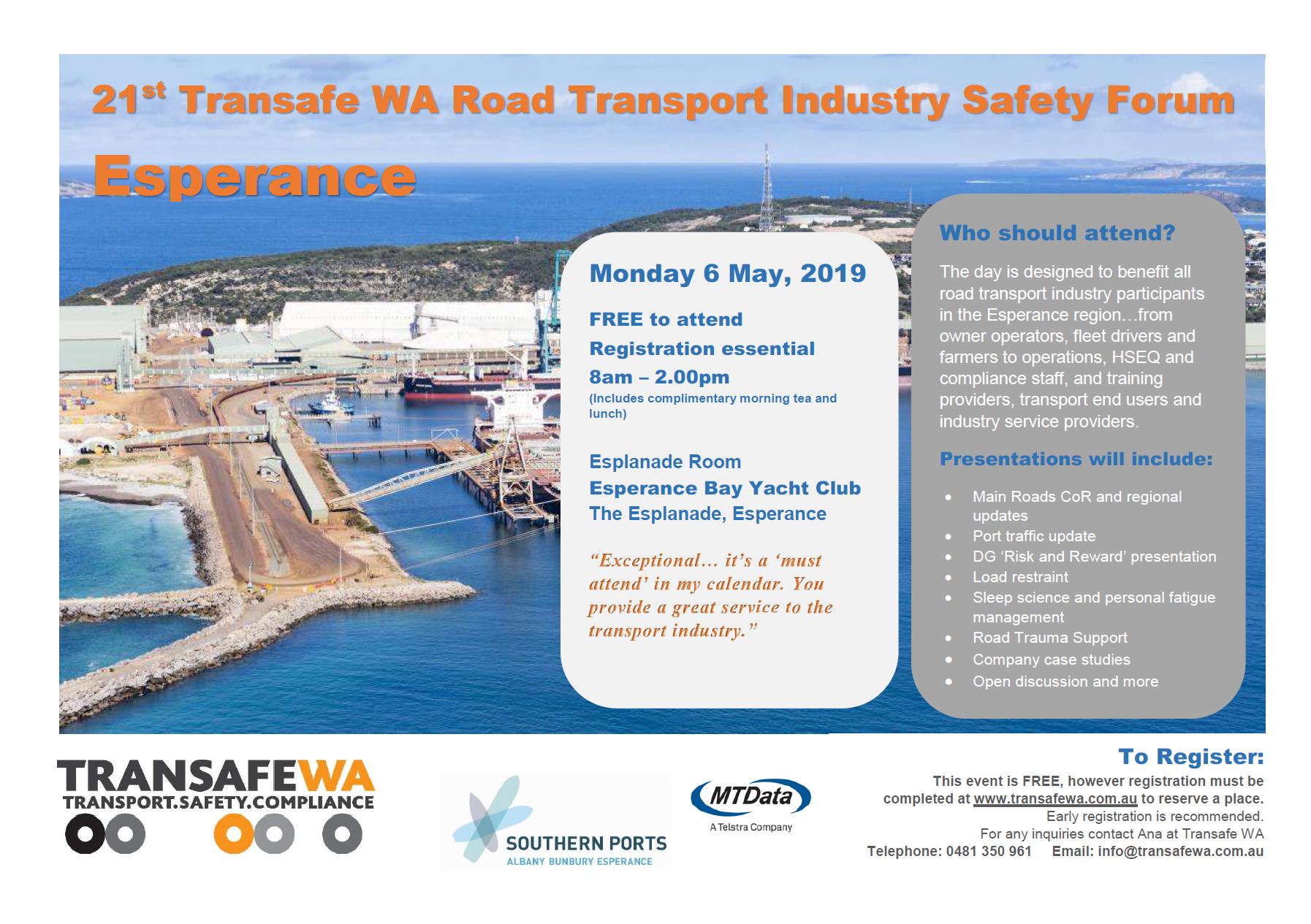 Transafe WA are pleased to invite you to our 21st Road Transport Industry Safety Forum in ...