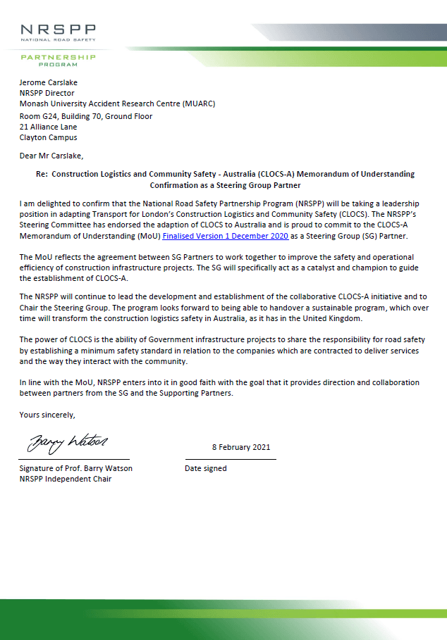 NRSPP Australia - CLOCS-A NRSPP Steering Group Letter of Support