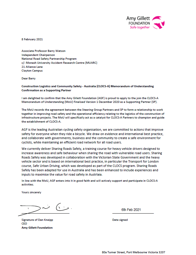 NRSPP Australia - CLOCS-A Amy Gillett Foundation Steering Group Letter ...