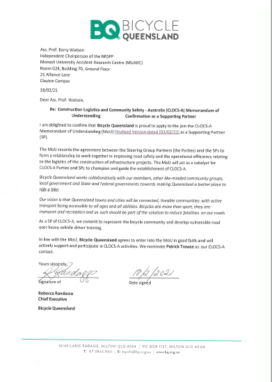 NRSPP Australia - CLOCS-A Bicycle Queensland Supporting Group Letter Of ...