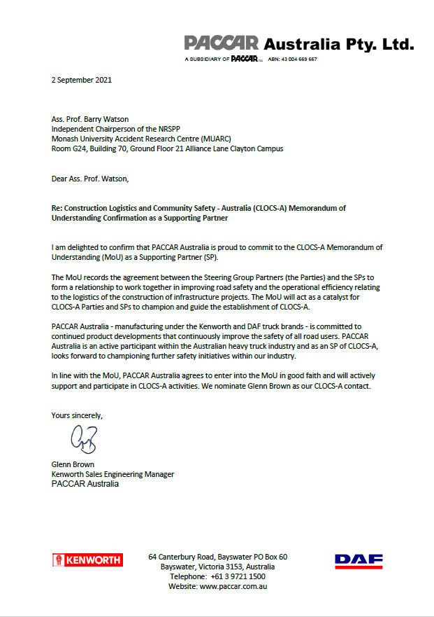 NRSPP Australia - CLOCS-A PACCAR Supporting Group Letter Of Support