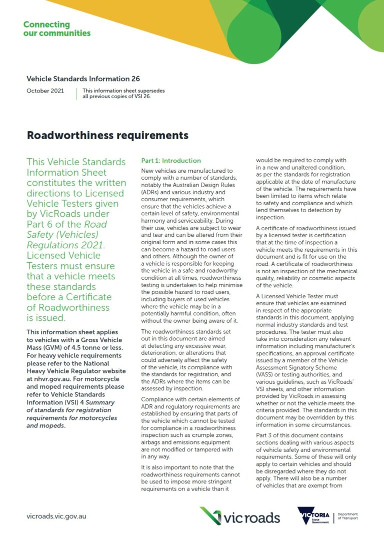 NRSPP Australia - Vic Roads Vehicle Standards Information 26 - Roadworthiness requirements