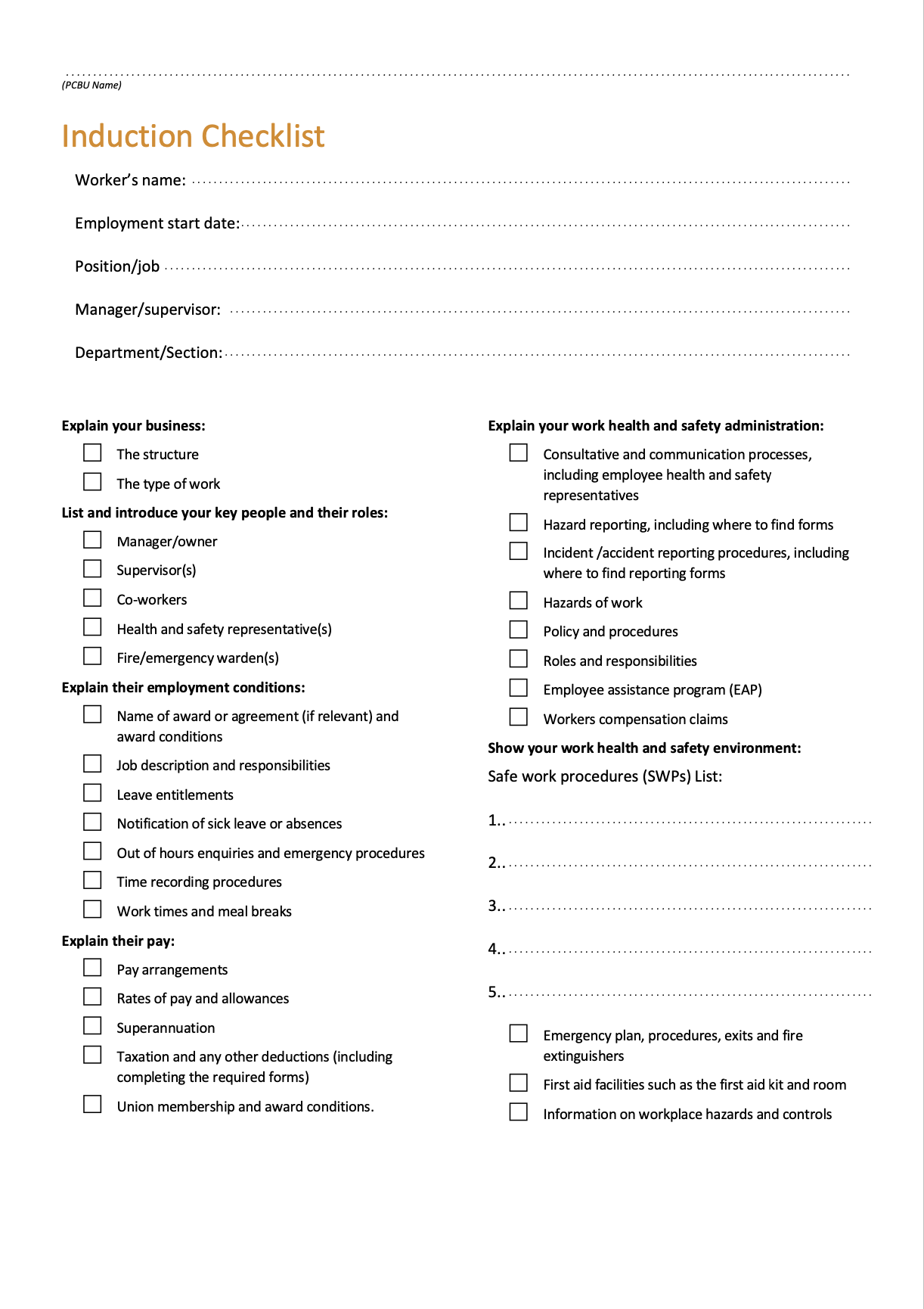 NRSPP Australia - Safework Induction Checklist